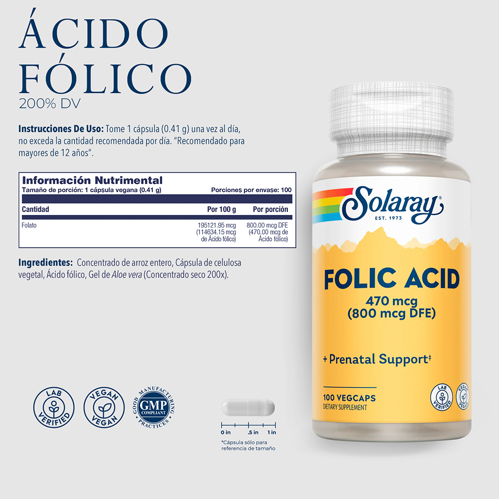 Solaray Folic Acid 470 mcg 100 cap – Natural Farma